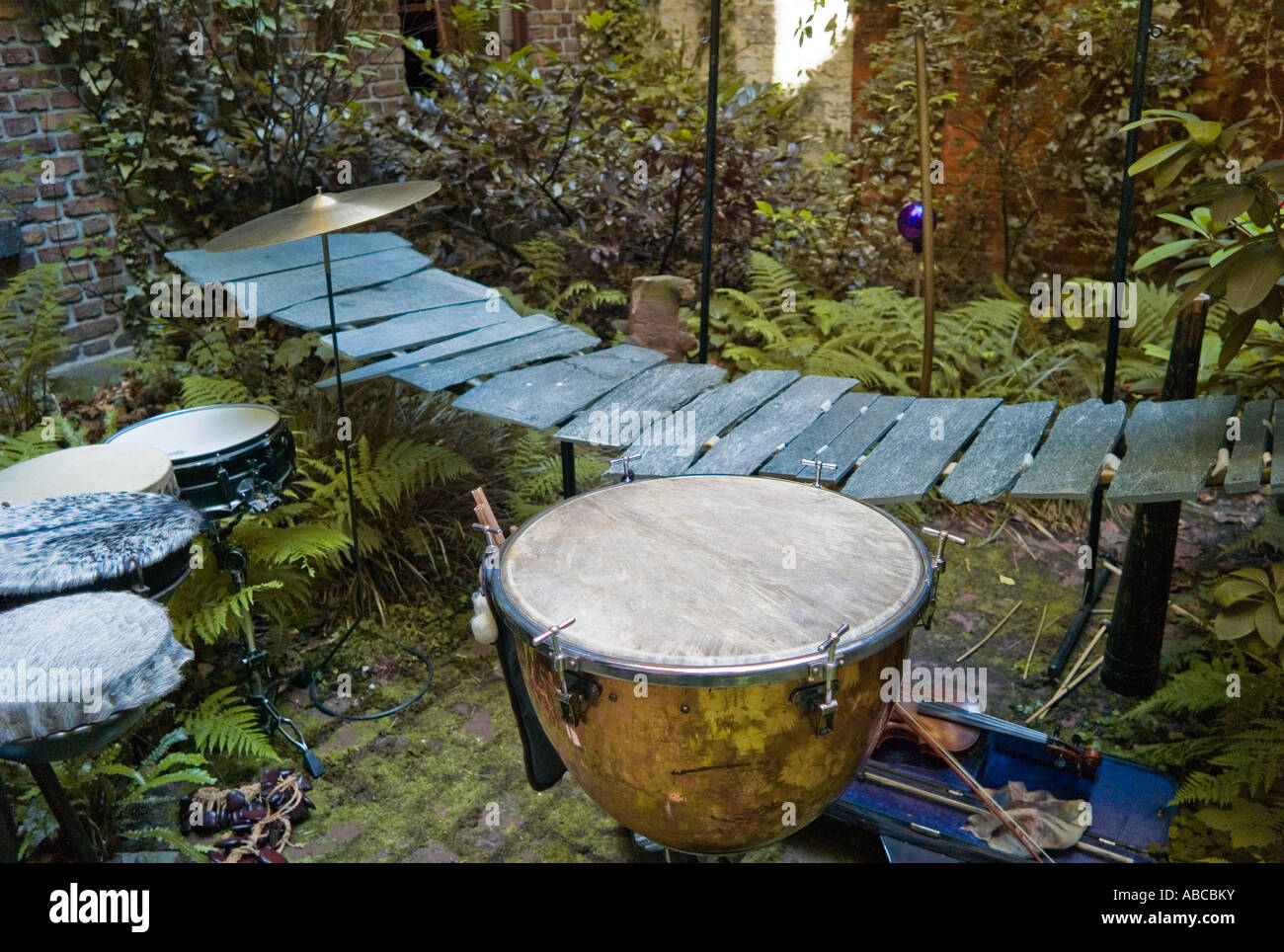 hand made music instruments in a garden. A concert in the garden Stock ...