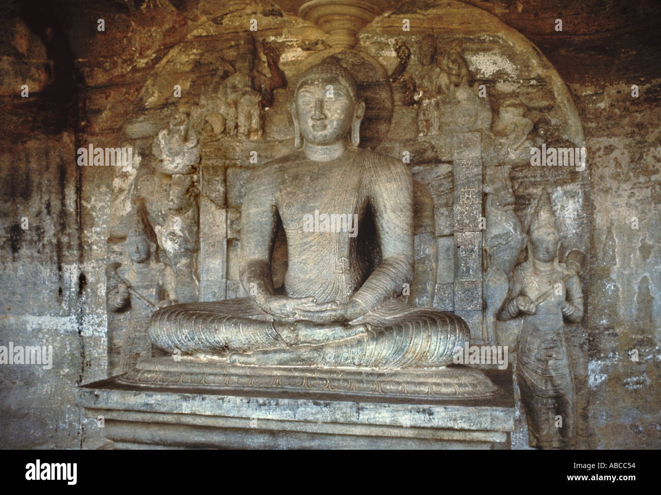 Ancient architecture. Seated Buddha in cave, Gal Vihara. Polonnaruva ...