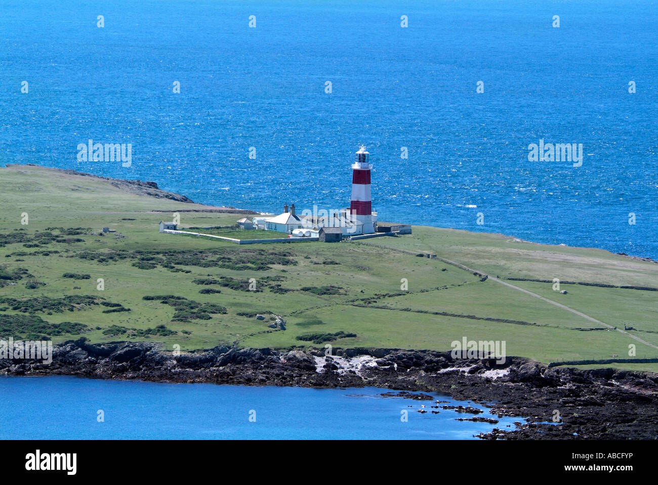 Bardsey Island lighthouse long boat Irish Sea Gwynedd Wales U K United ...