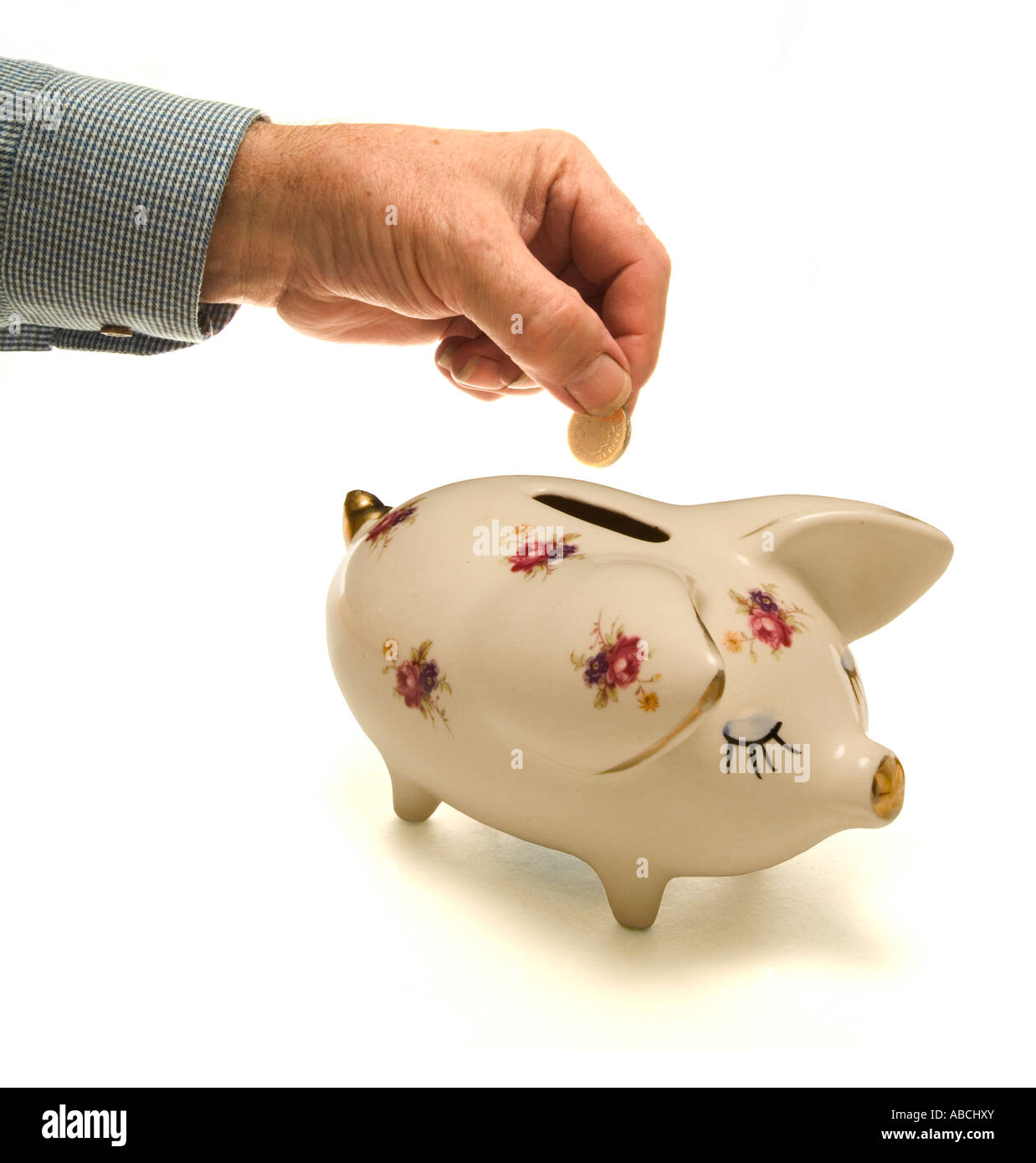 Saving coin in piggy bank Stock Photo - Alamy