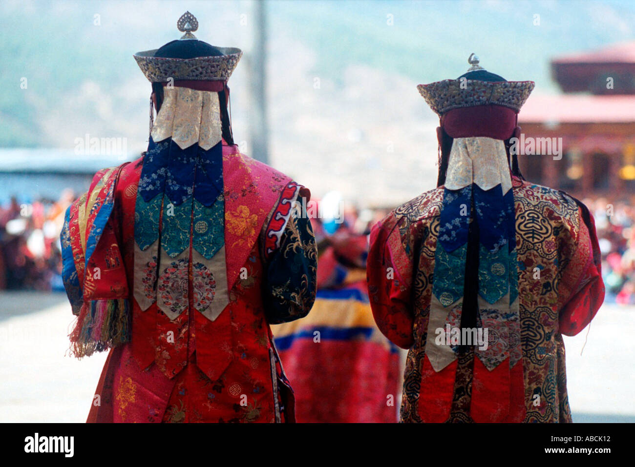 SSA70121 Two Bhutanese men wearing traditional colourful clothes in ...