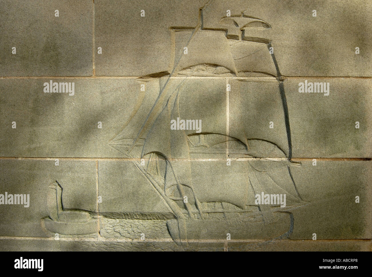 A sailing ship carved into stone at the quayside in Newcastle upon Tyne ...