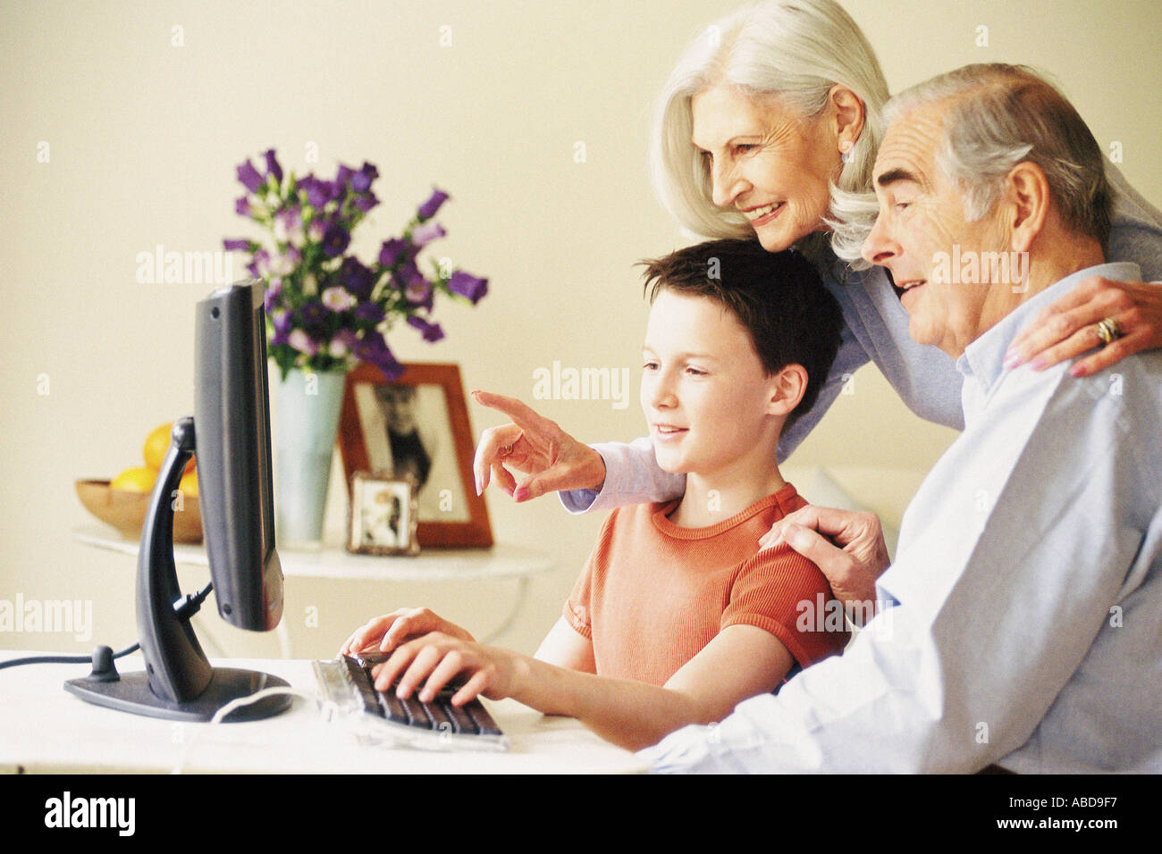 Grandparents and grandson using computer Stock Photo - Alamy