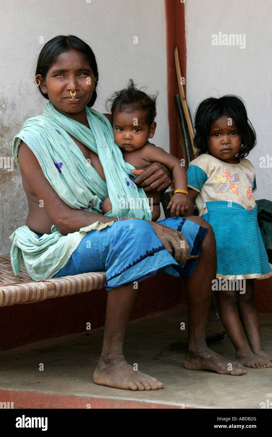 Mother and children at the village of Madhlibad, near Rayagada, Orissa ...
