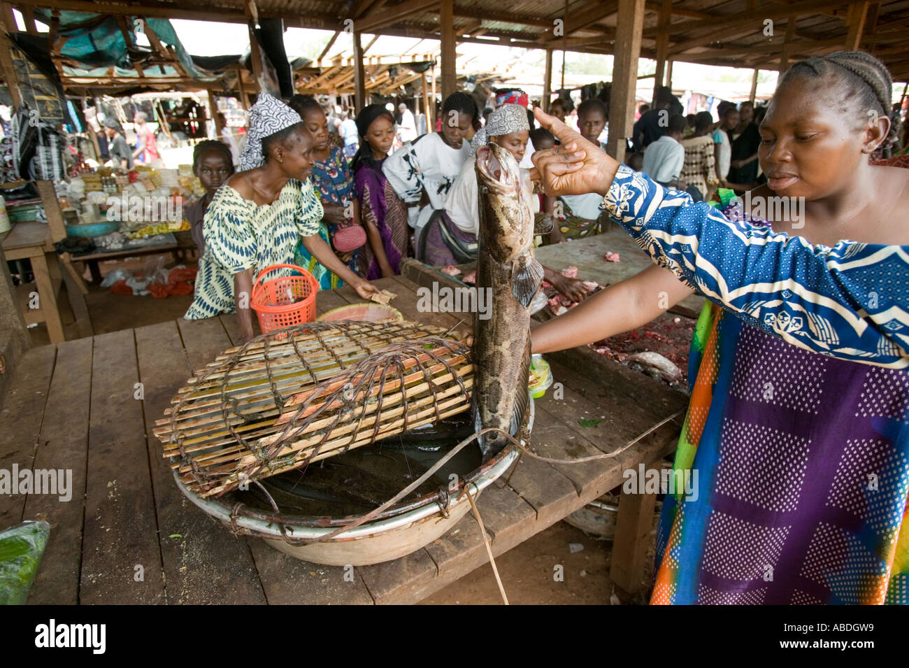 Woman selling smoked fish at the market in the rainforest town of ...