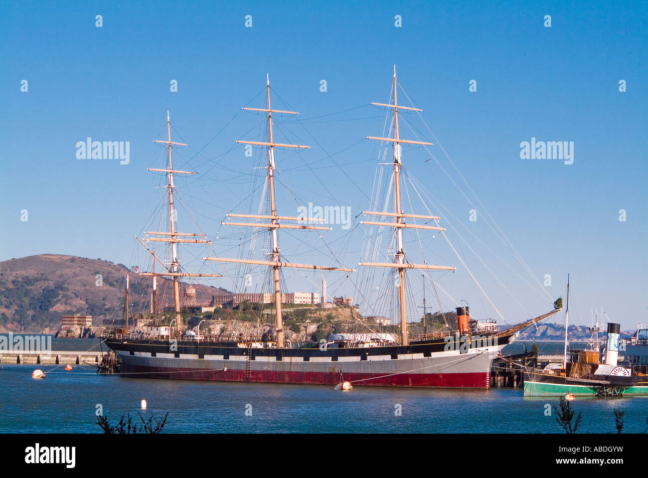 Three masted clipper ship Balclutha moored at Fishermans Wharf in San ...
