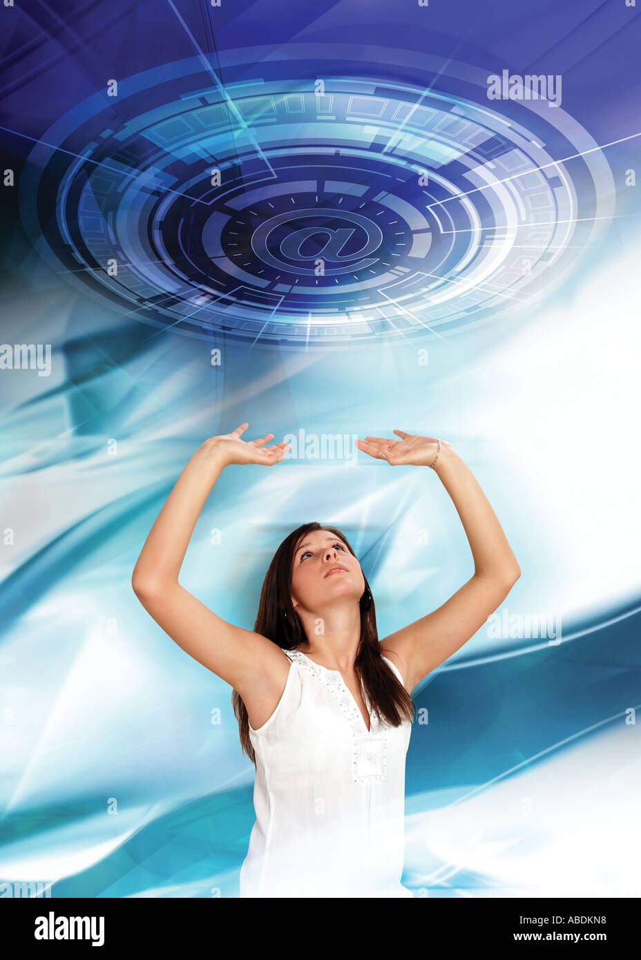 Woman touching a virtual screen Stock Photo - Alamy