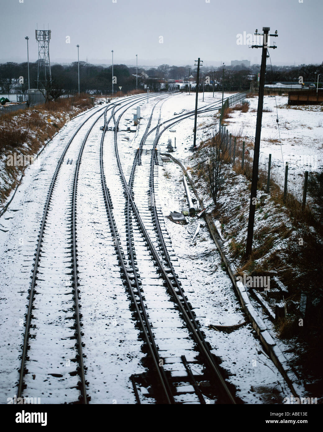 Snow on rail line Stock Photo - Alamy