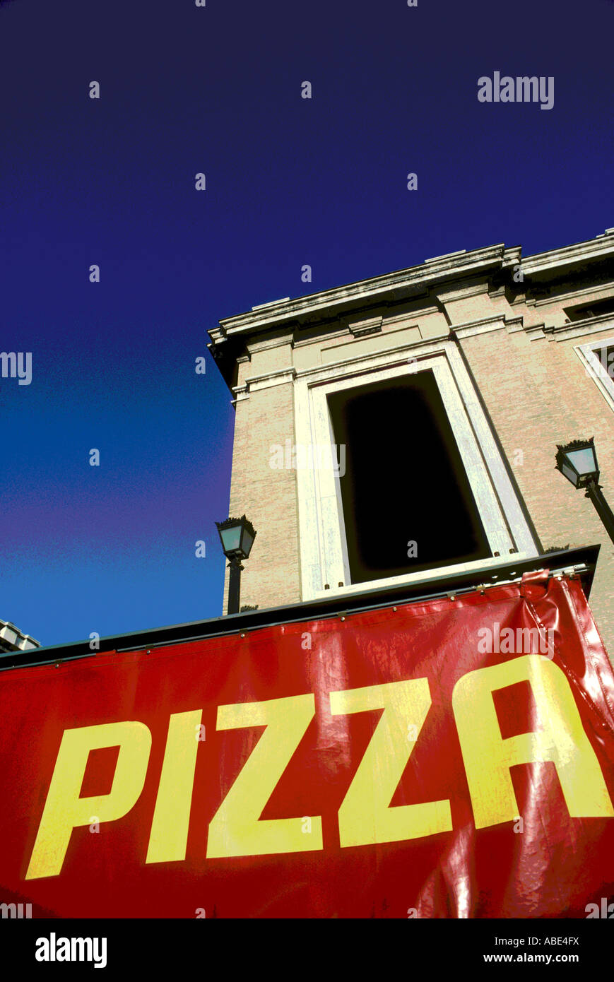 Rome Italy Italian pizza banner sign bright red blue sky food Stock ...