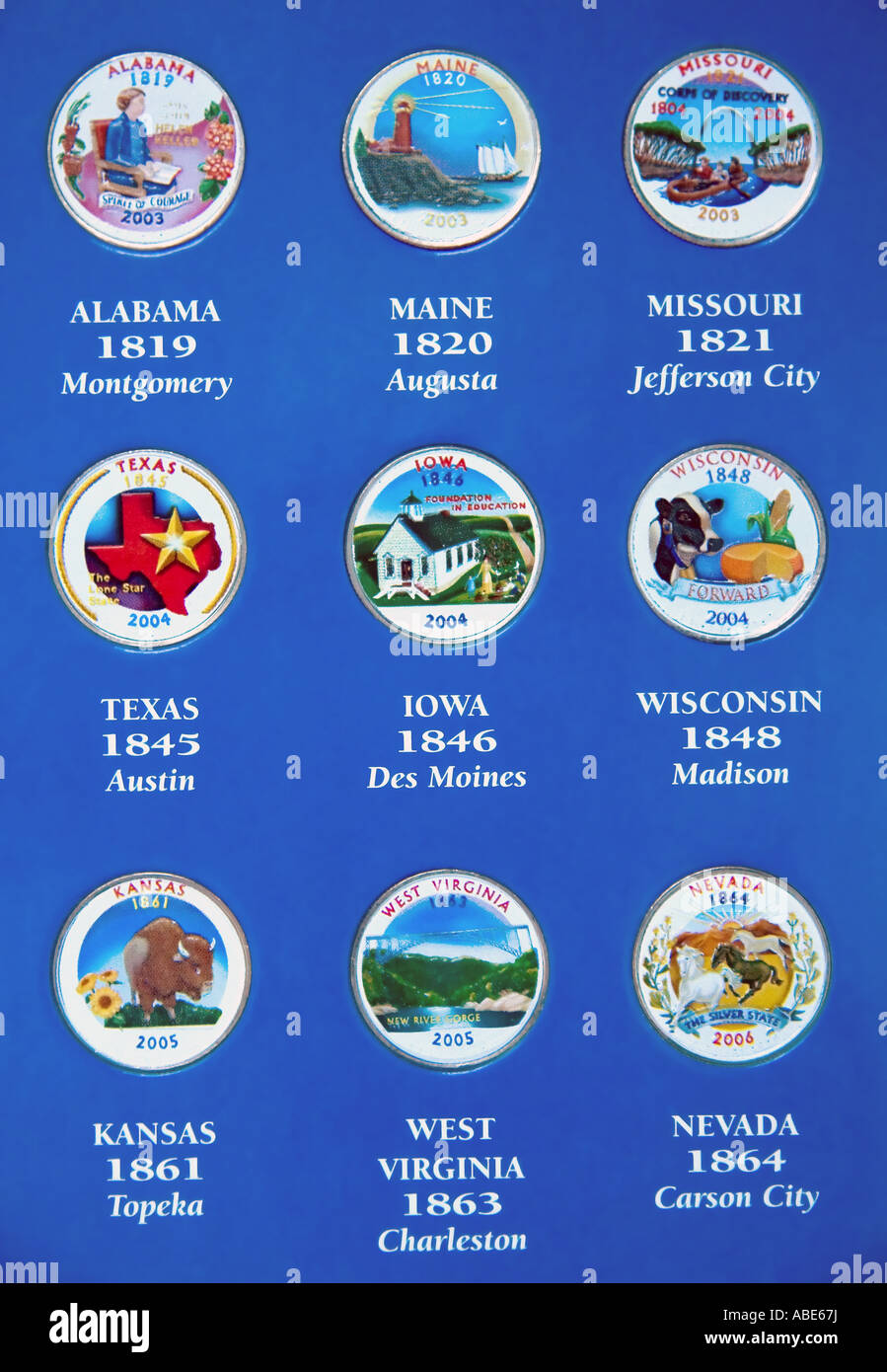 A close-up view of 9 colorized commemorative U.S. state coins, minted ...