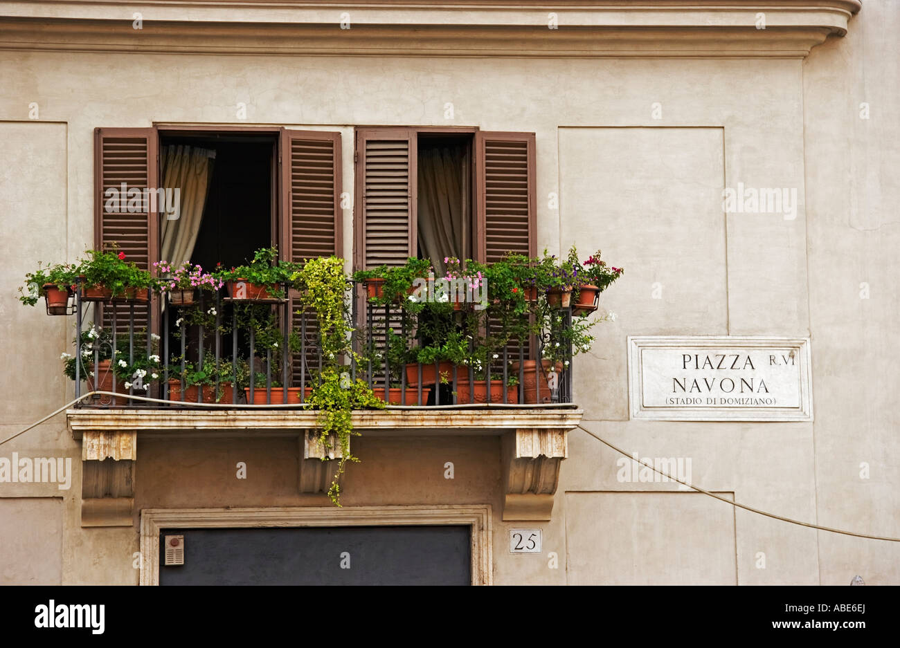 Window shutters flowers overlooking Piazza Navona Rome Italy Stock ...