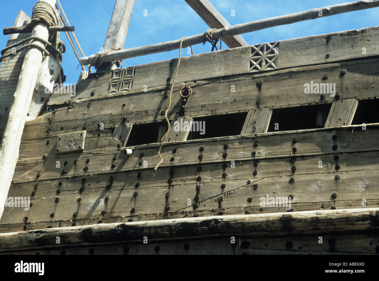 The built-up sides of what appears to be a Somali sambuk, a type of ...