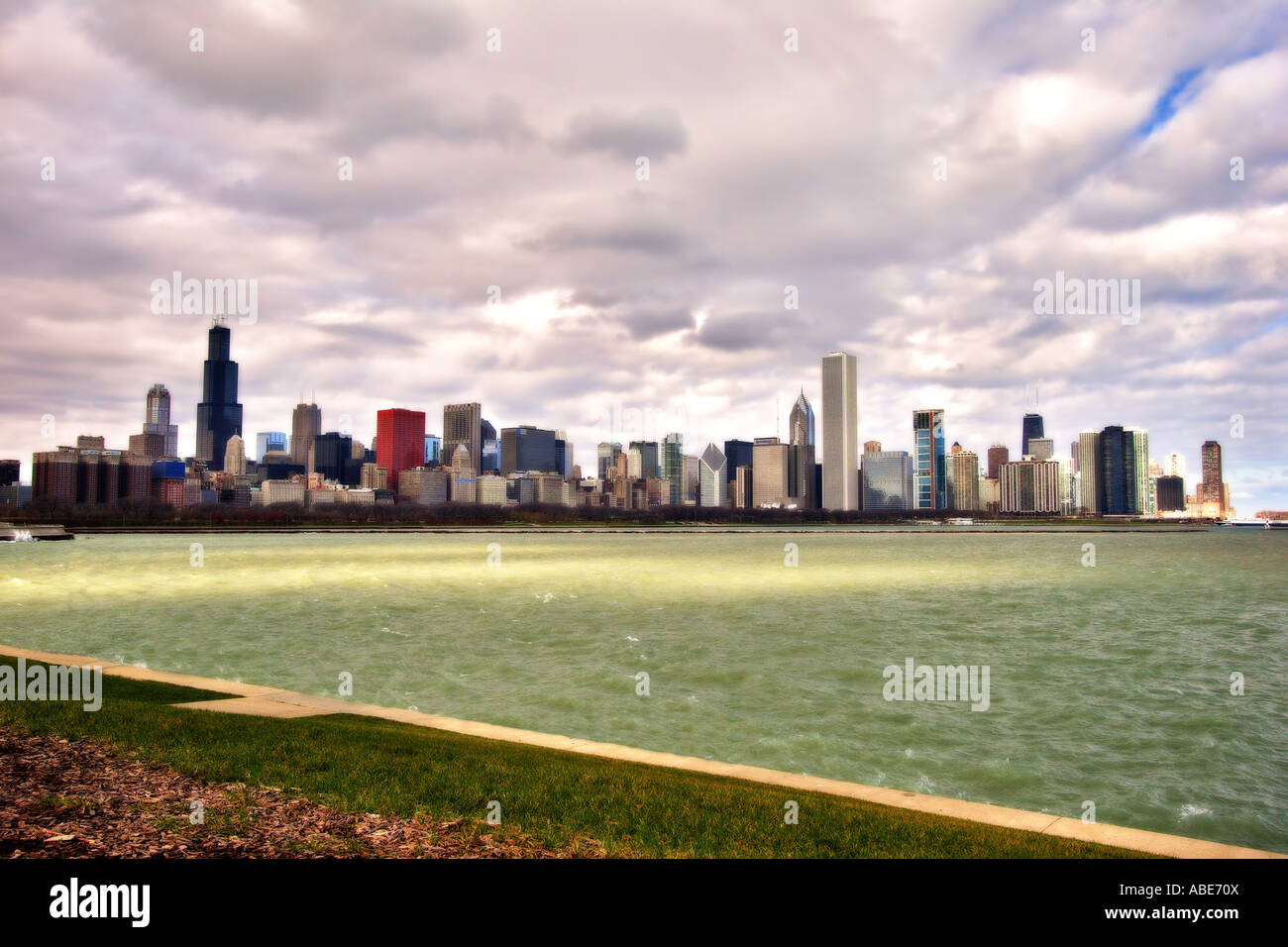 Chicago skyline including Lake Michigan and the Sears Tower Stock Photo ...