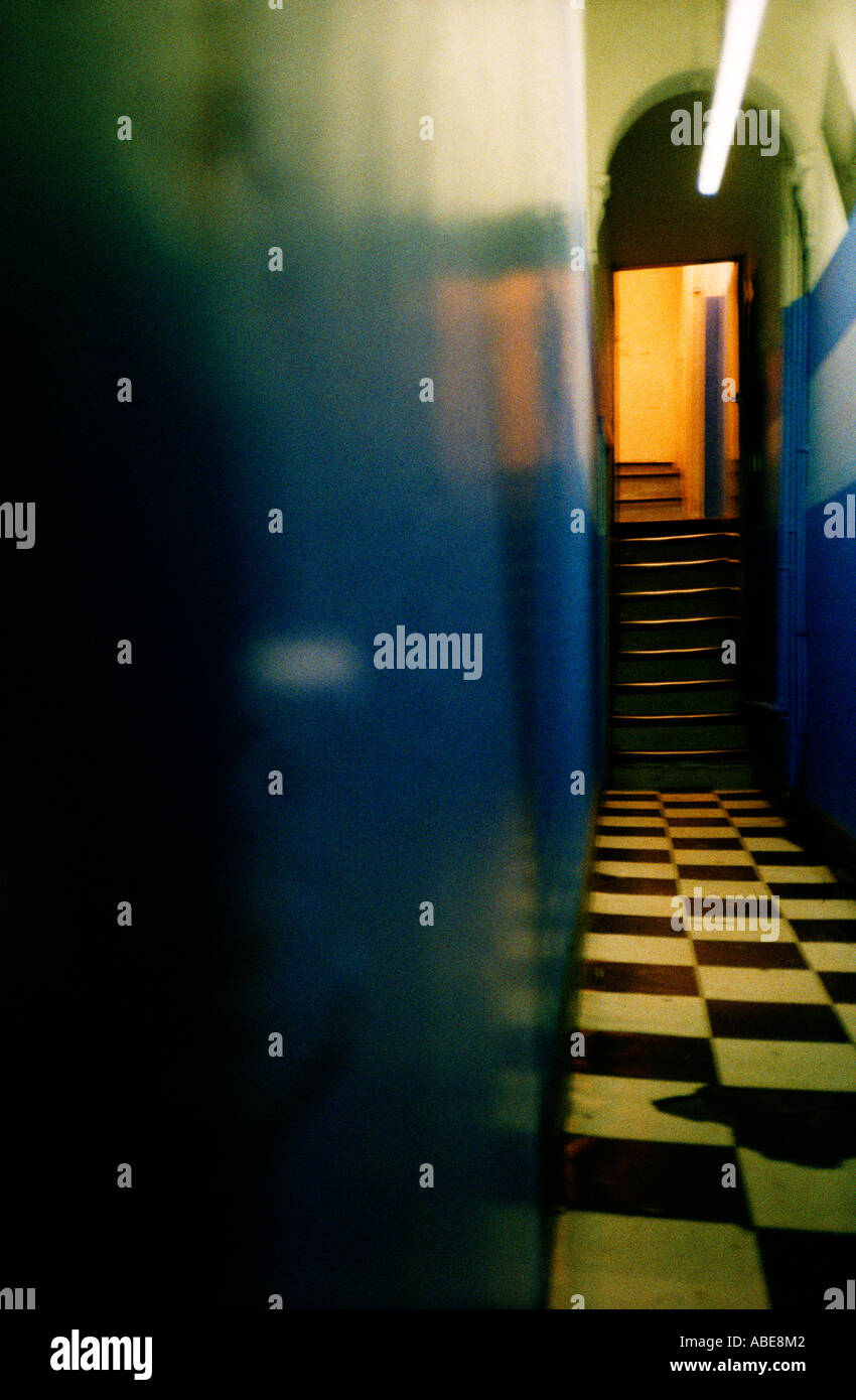 a blue walled corridor in soho london with chequered floor Stock Photo ...