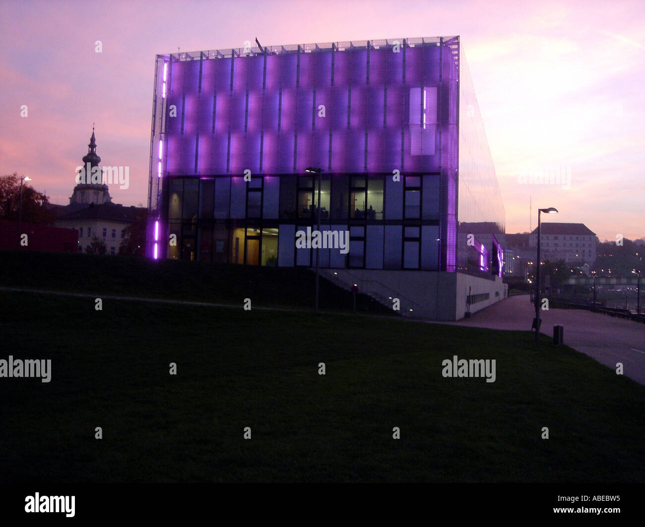 Austria, Linz, Museum Lentos in the evening Stock Photo - Alamy