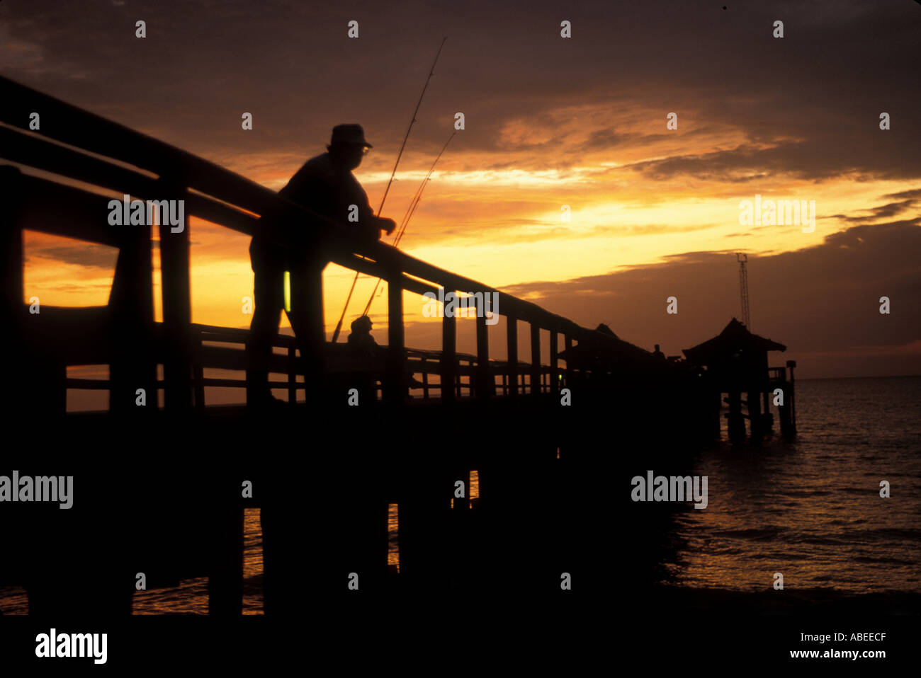 Man standing on the Naples pier looking at the Gulf of Mexico at sunset ...