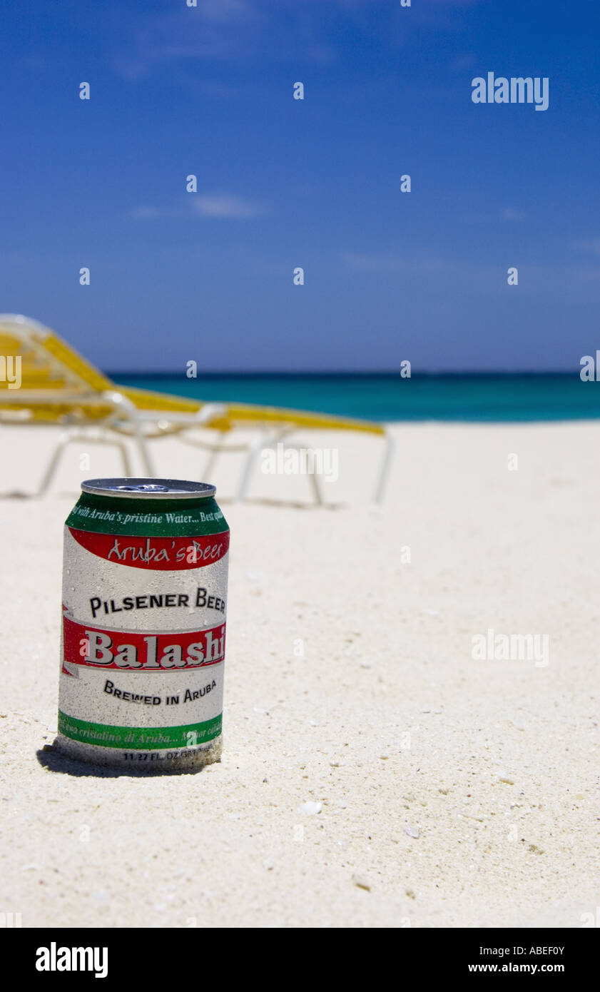 Can of Balashi beer on beach shallow focus Stock Photo - Alamy