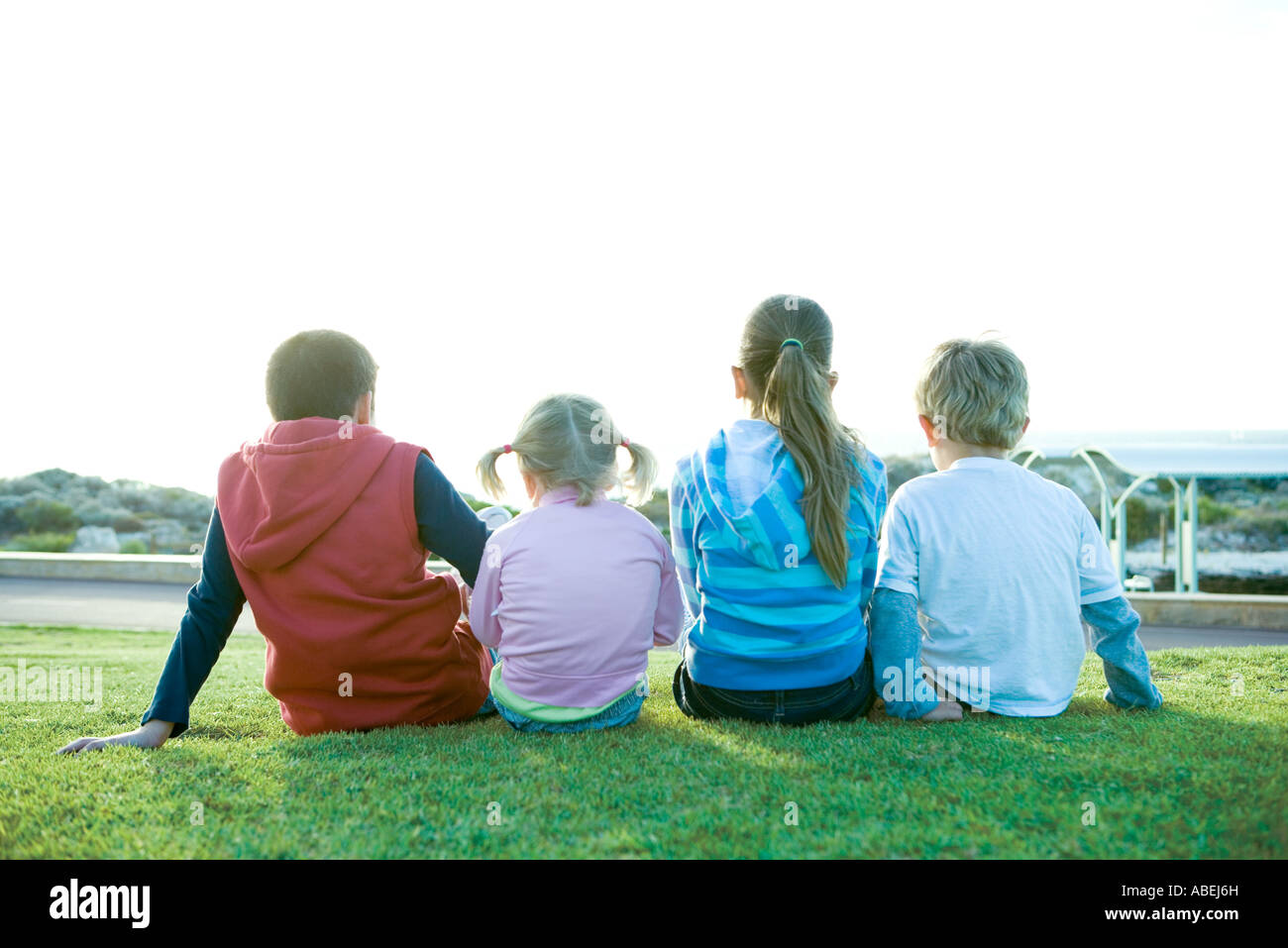 Four children sitting on grass, rear view Stock Photo - Alamy