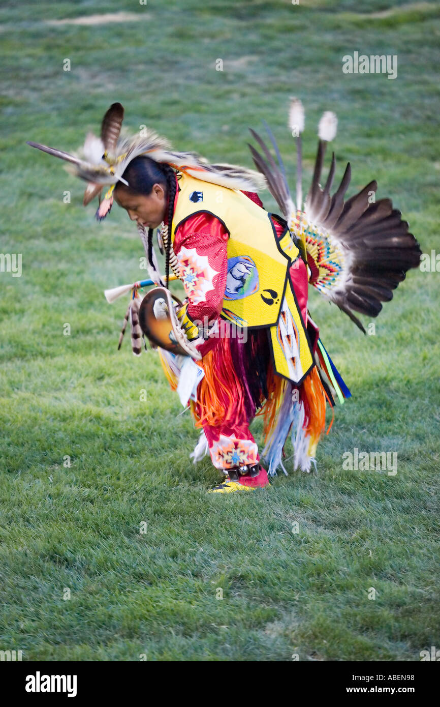 A Native American in full regalia takes part in a fancy dance contest ...