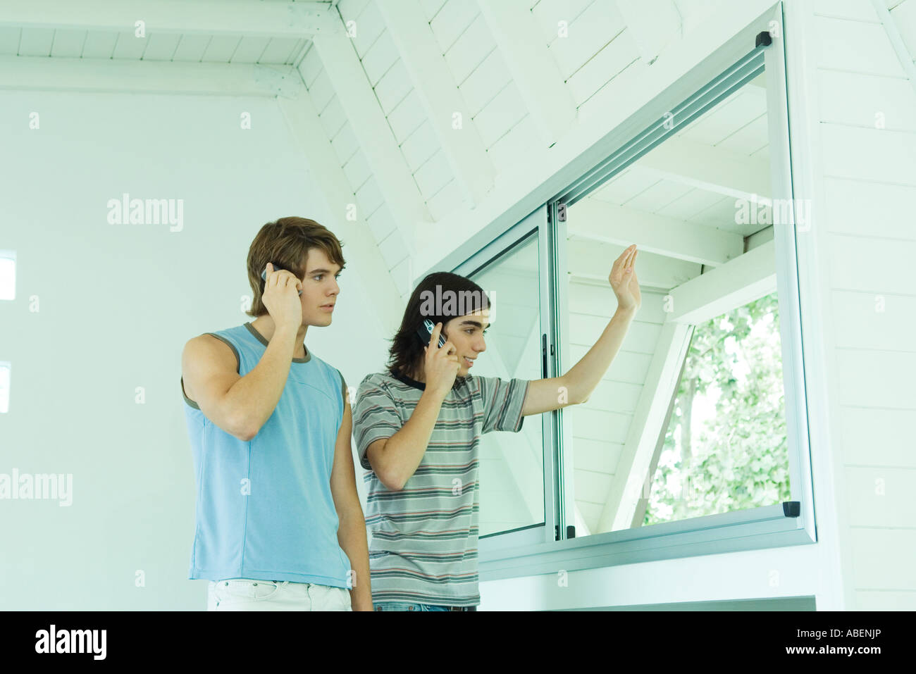 Two teenage boys using cell phones, looking out window Stock Photo - Alamy
