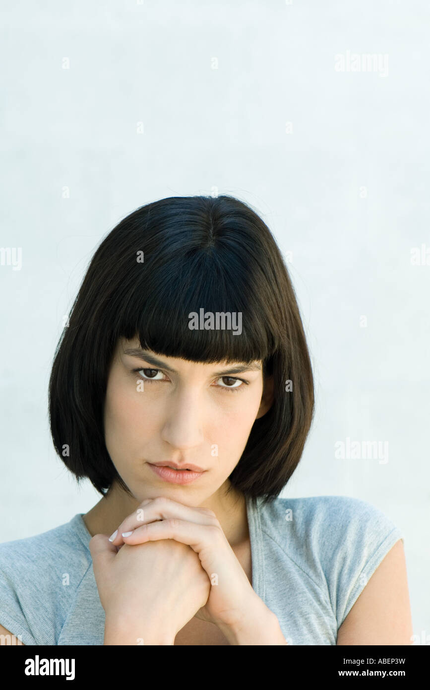 Woman, hands under chin, portrait Stock Photo - Alamy