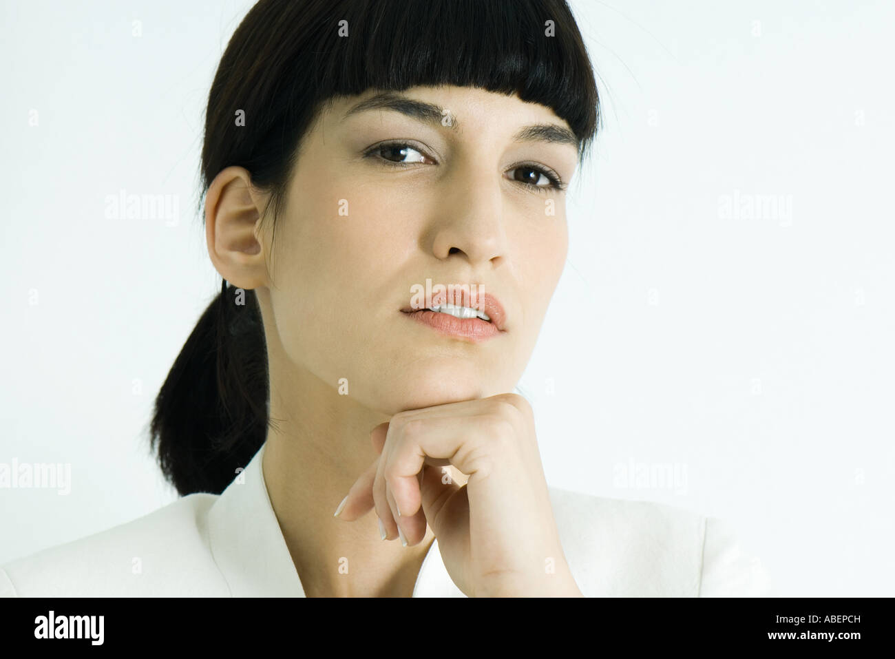 Woman, hand under chin, portrait Stock Photo - Alamy