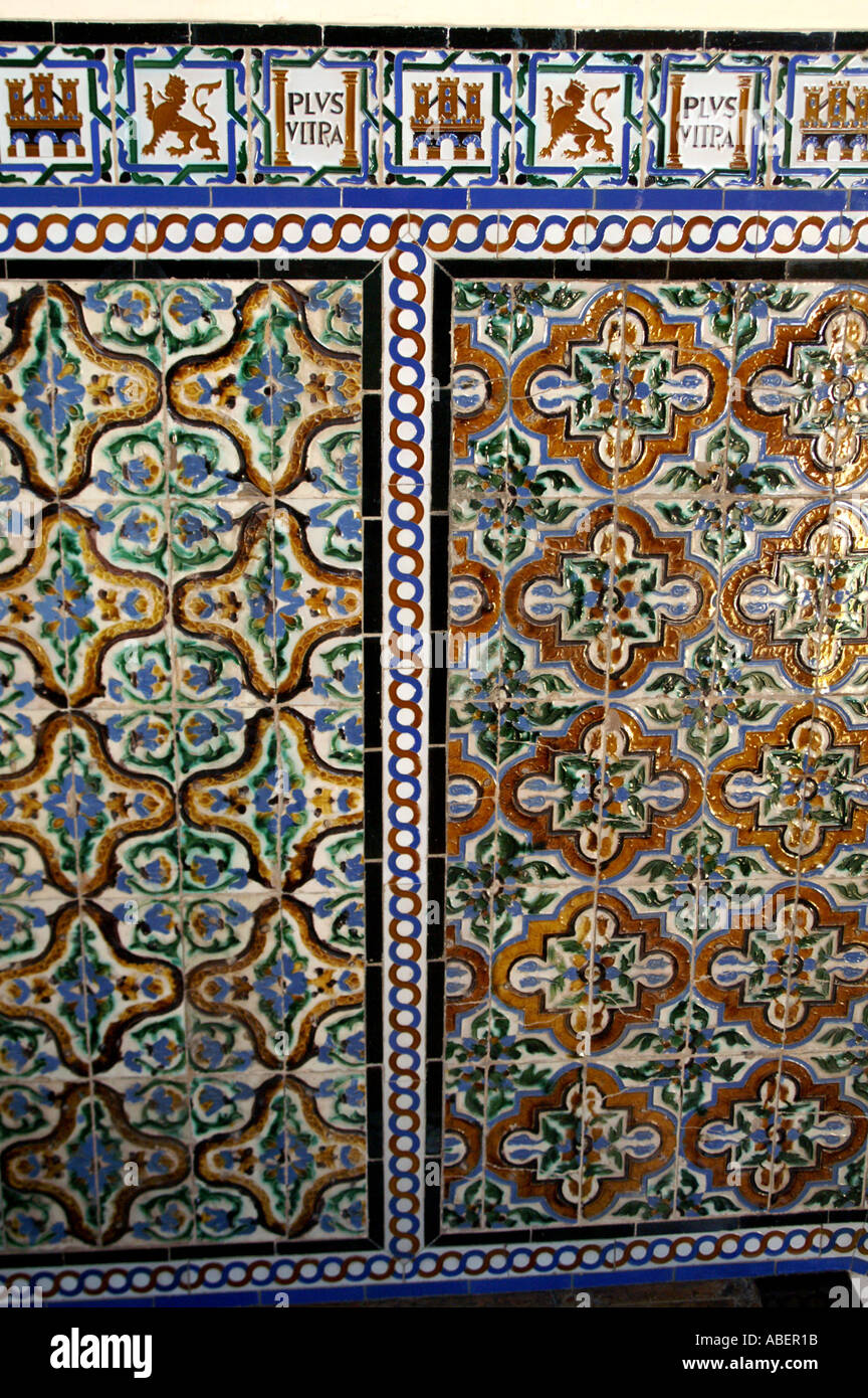 Moorish patterns on tiles in Alcazar former moorish fortress in Seville ...