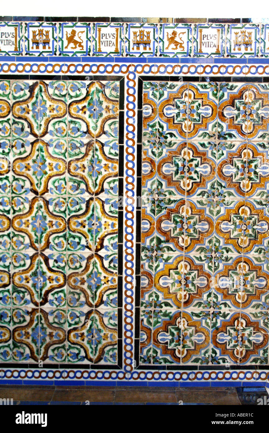 Moorish patterns on tiles in Alcazar former moorish fortress in Seville ...