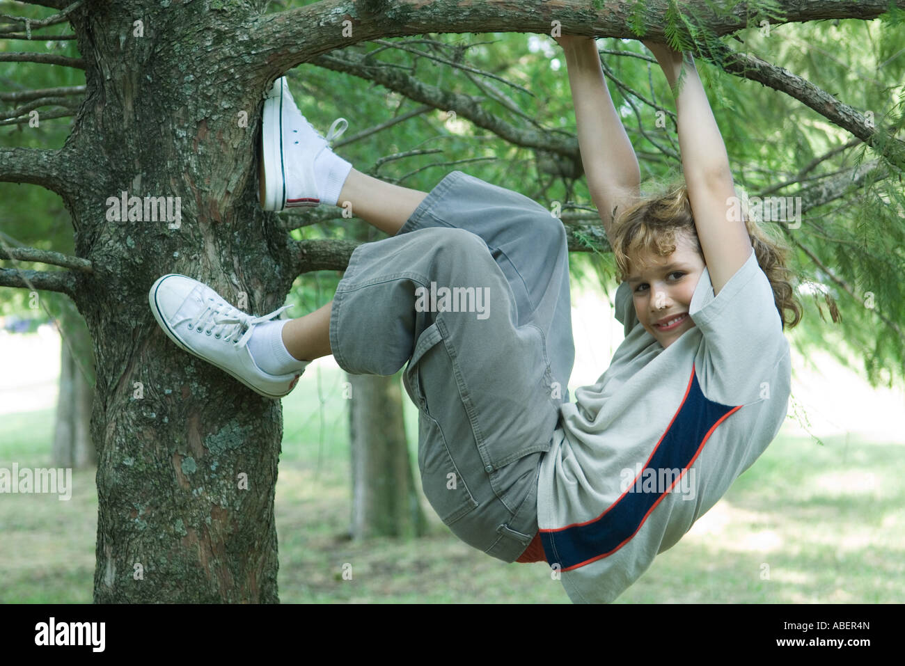 Boy climbing on tree branches hi-res stock photography and images - Alamy