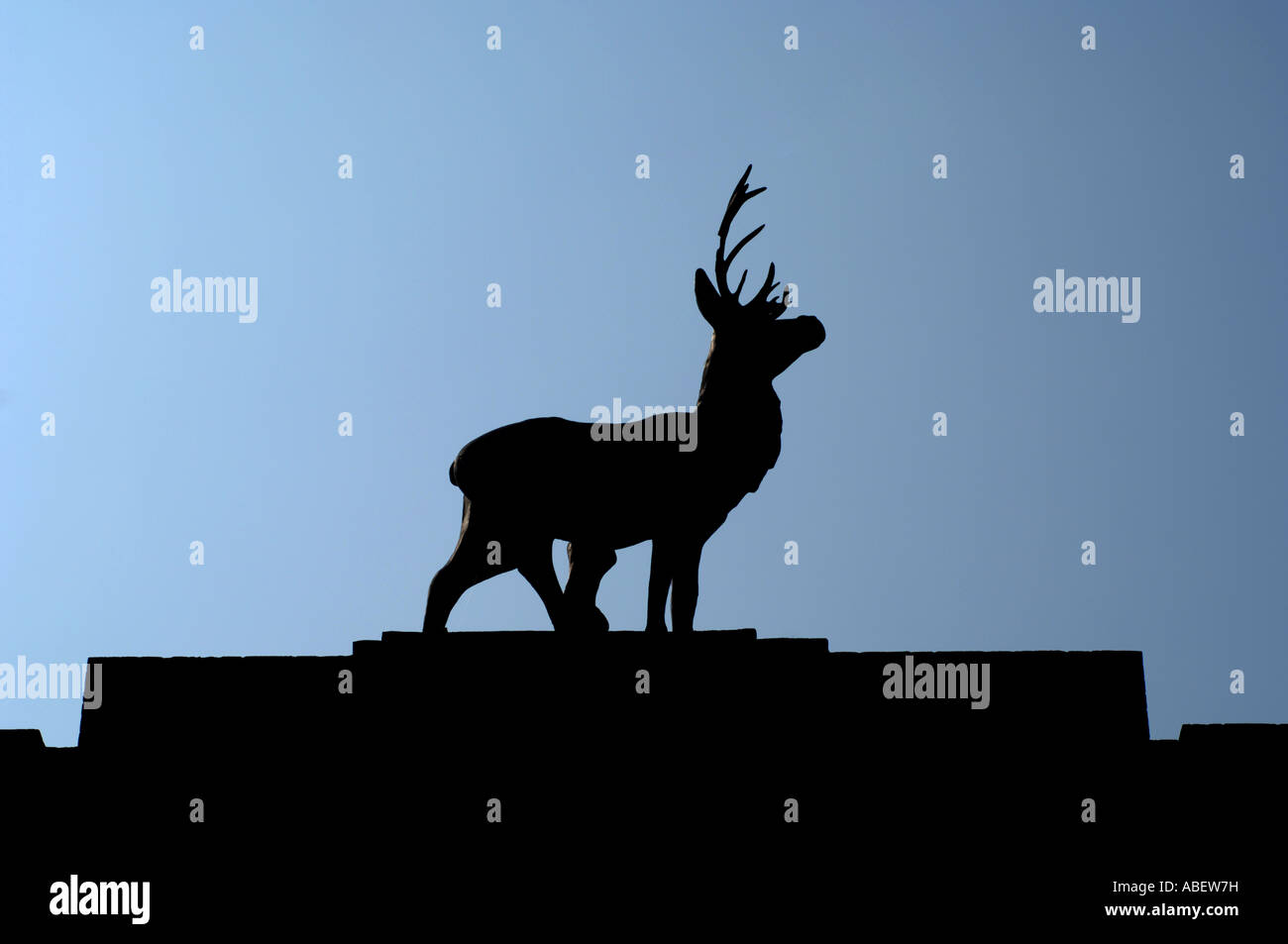 Five legged statue of a stag on an arched gateway at the Drax estate in ...