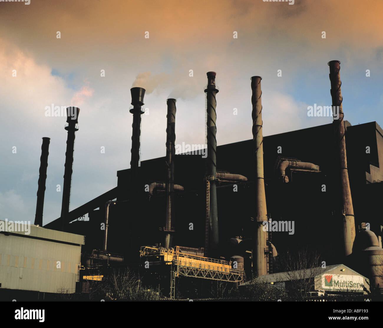 Air pollution; industrial stacks at a steelworks in the 1990s; Teesside ...