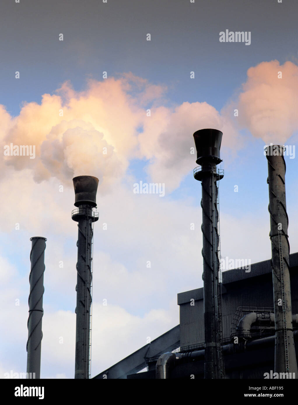 Air pollution; industrial stacks at a steelworks in the 1990s; Teesside ...