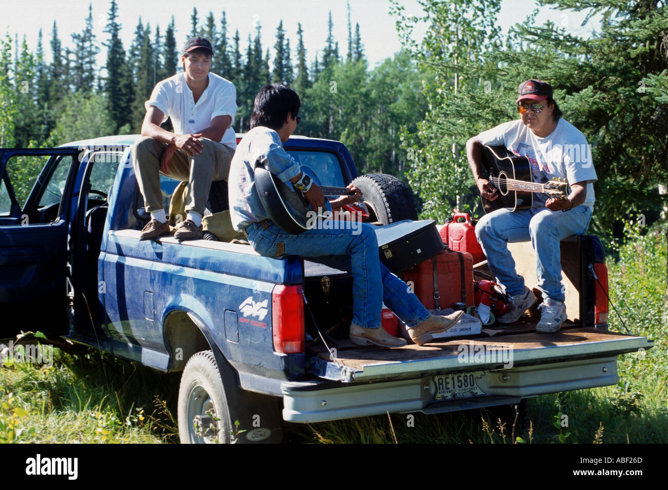 08 94 Yellowknife NWT Canada Playing music in the back of a truck Stock ...