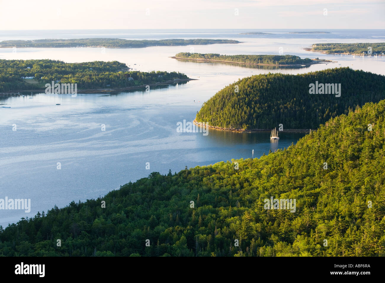 Sailboats moored in Valley Cove as seen from Acadia Mountain in Maine s ...