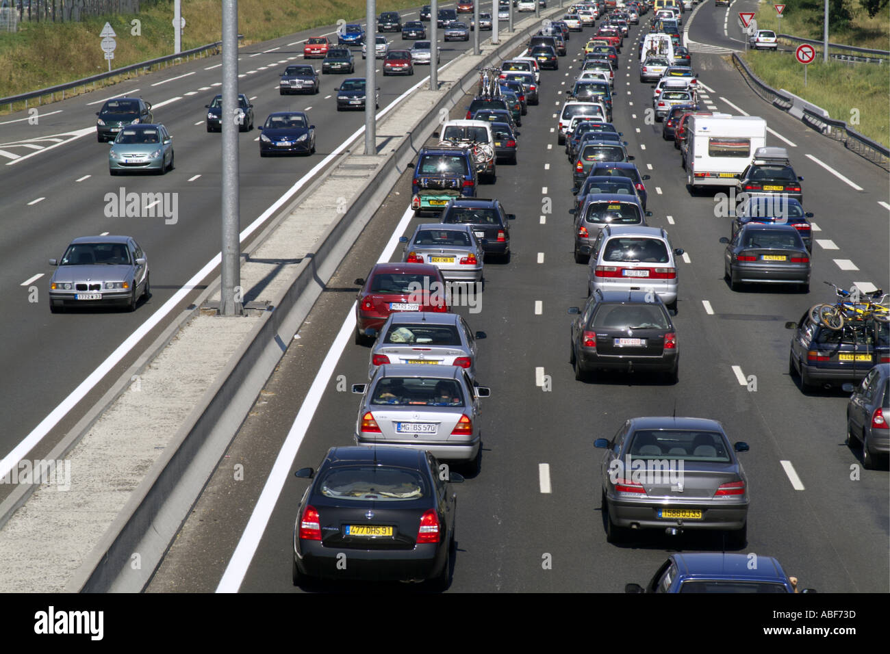Traffic jam on an autoroute highway on an August Holiday departure day ...