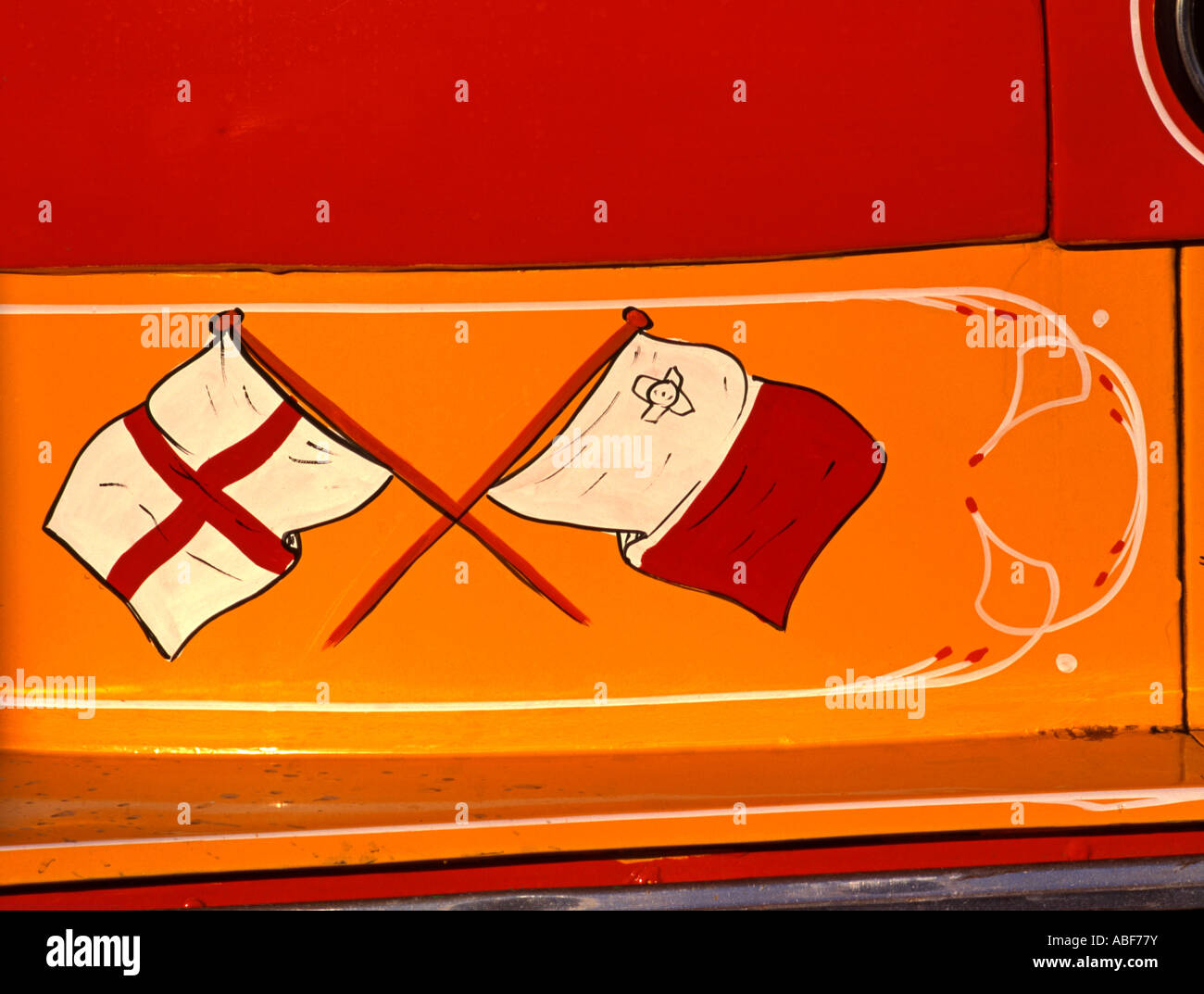 Valletta, Malta. Flags of St George and Malta painted on local bus ...