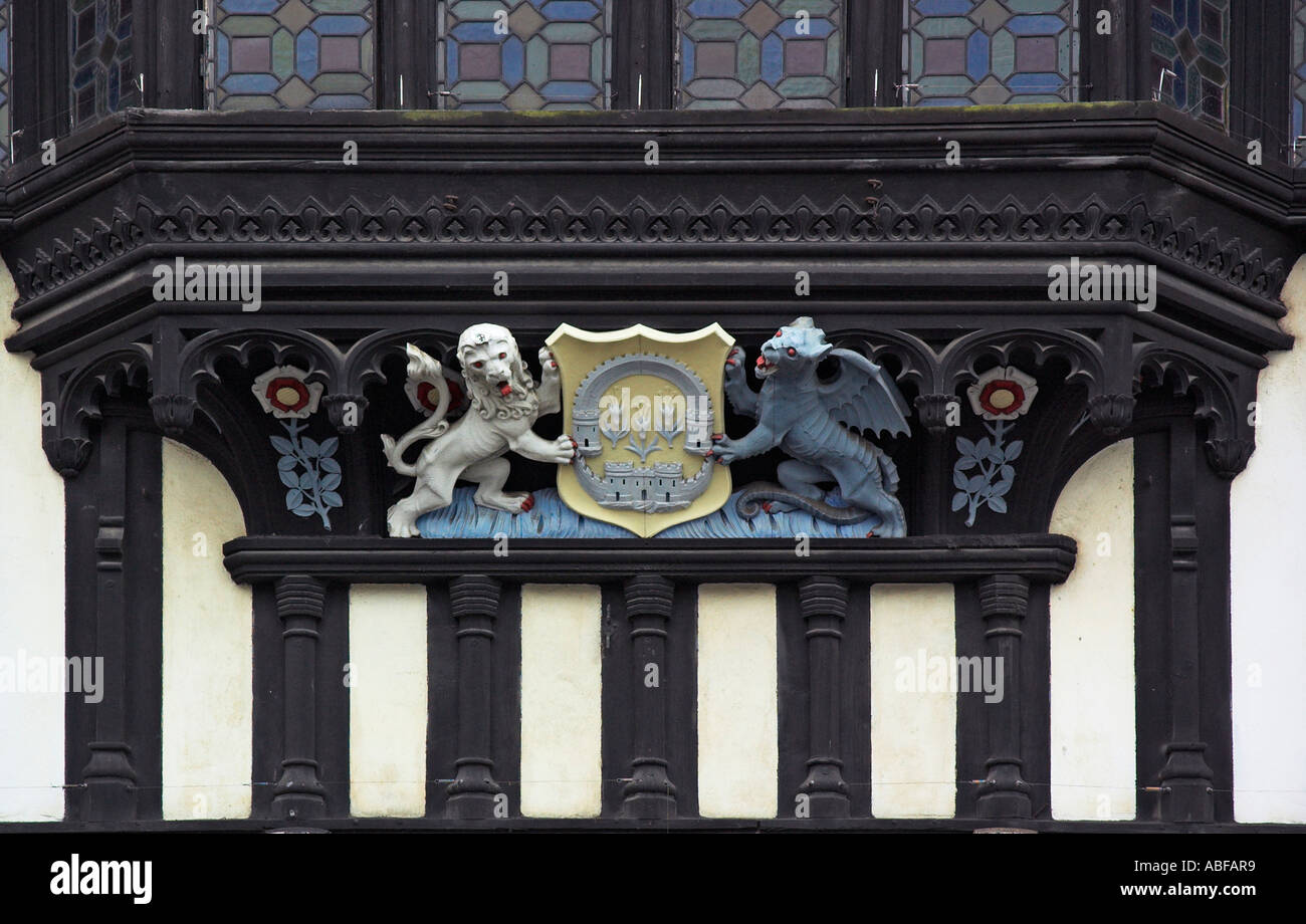 A coat of arms on an elizabethan pub building in the village of Saffron ...