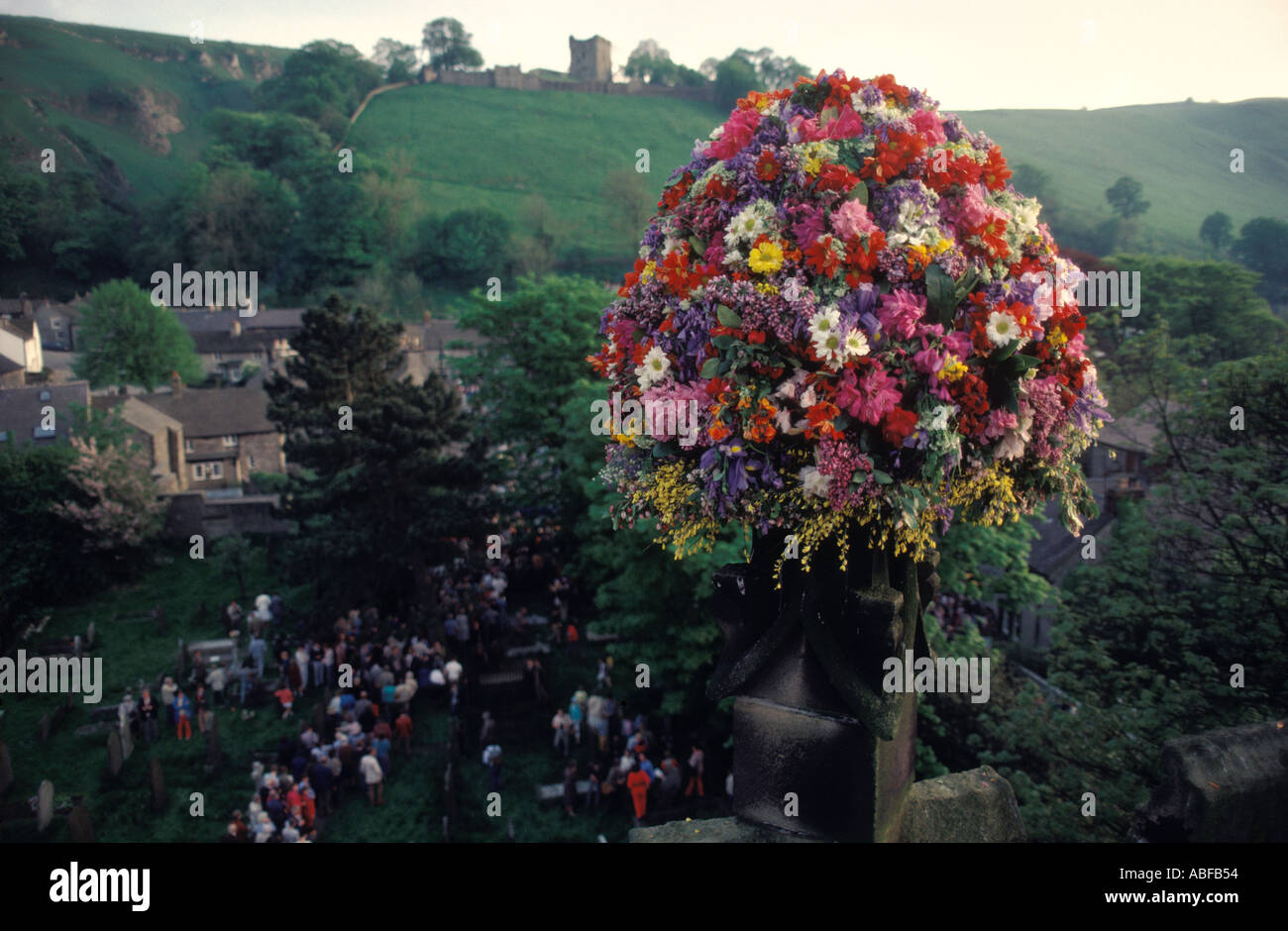 Castleton Garland Day. Garland of flowers on the tower of St Edmunds ...