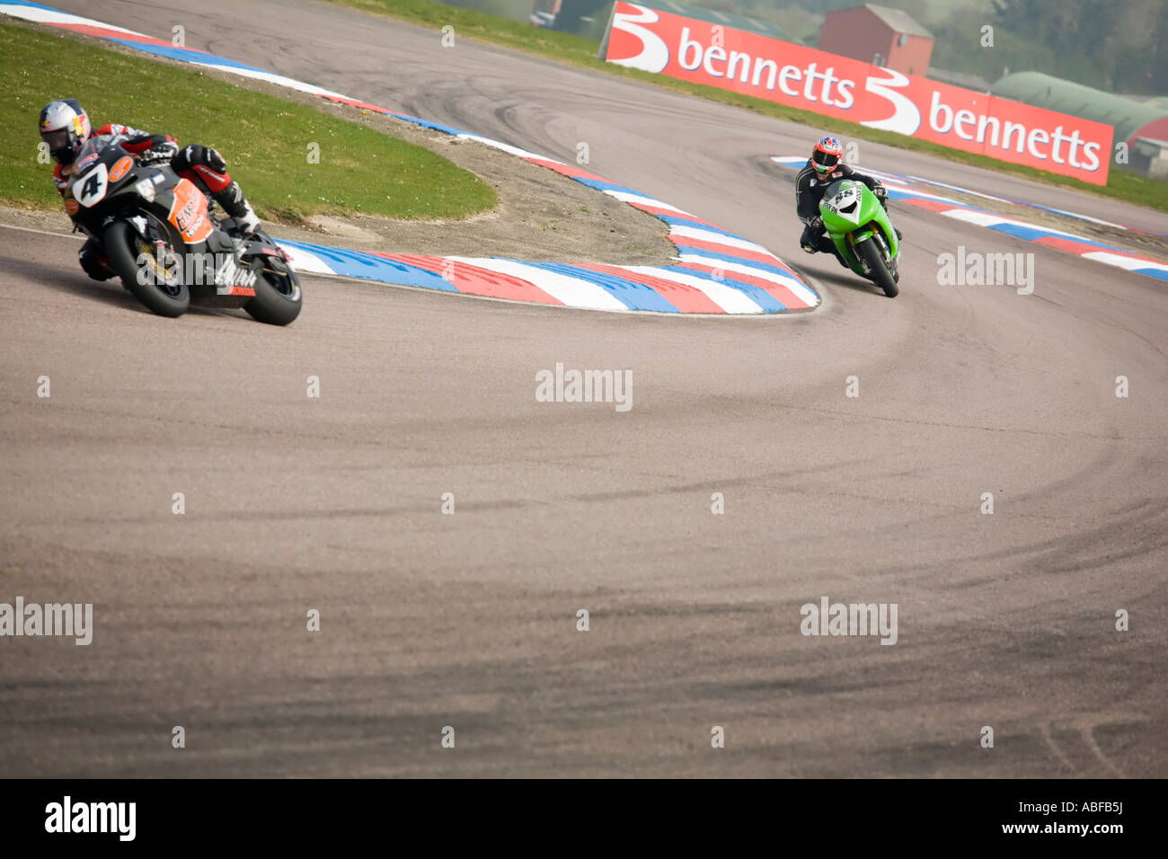 Two racing motorbikes superbikes leaning through a chicane Stock Photo ...