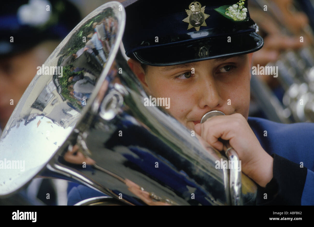 Teenage boy Silver Band member Helston Furry dance. Helston Cornwall ...
