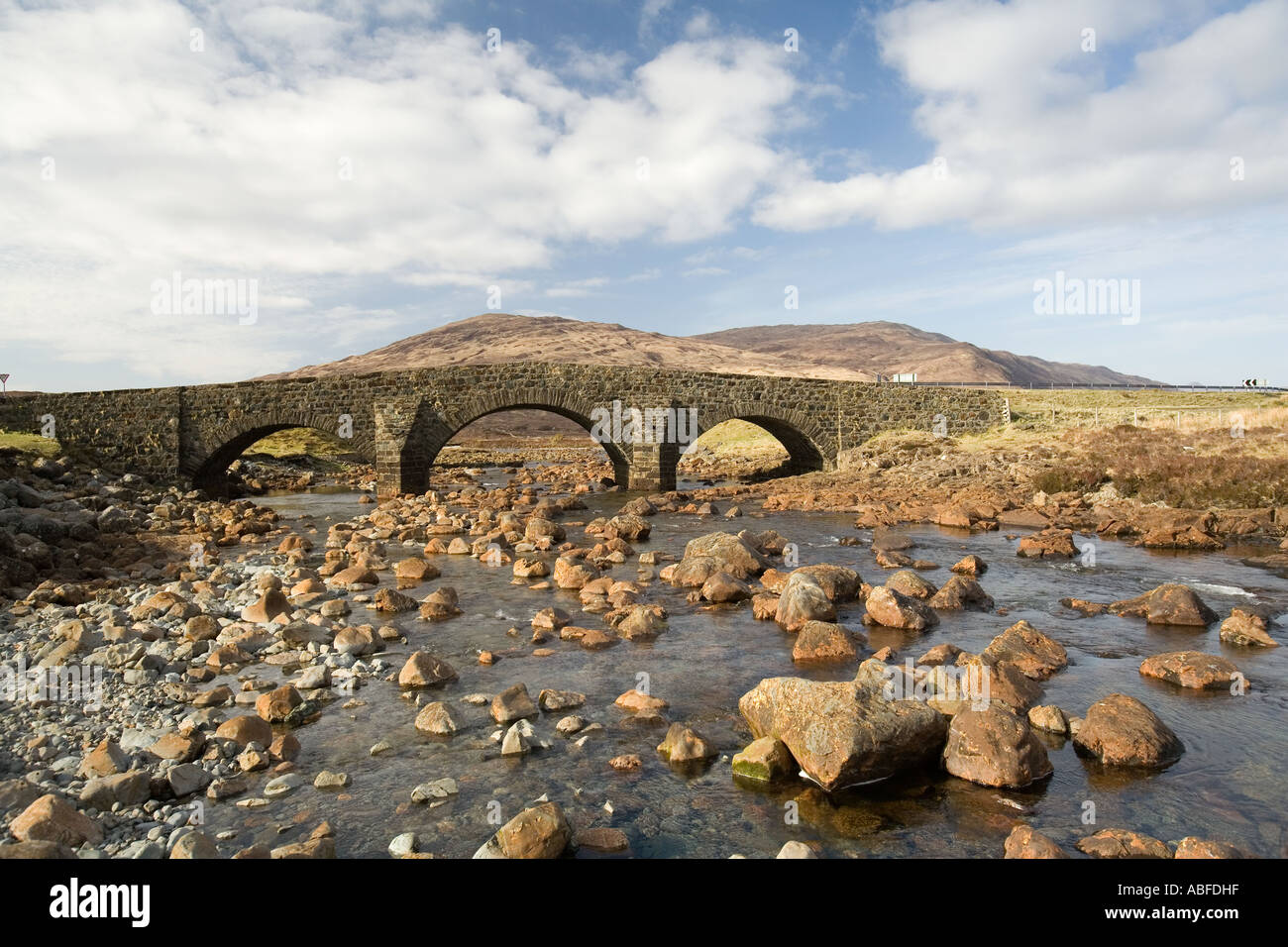 UK Scotland Isle of Skye old stone bridge over River Sligachan at foot ...