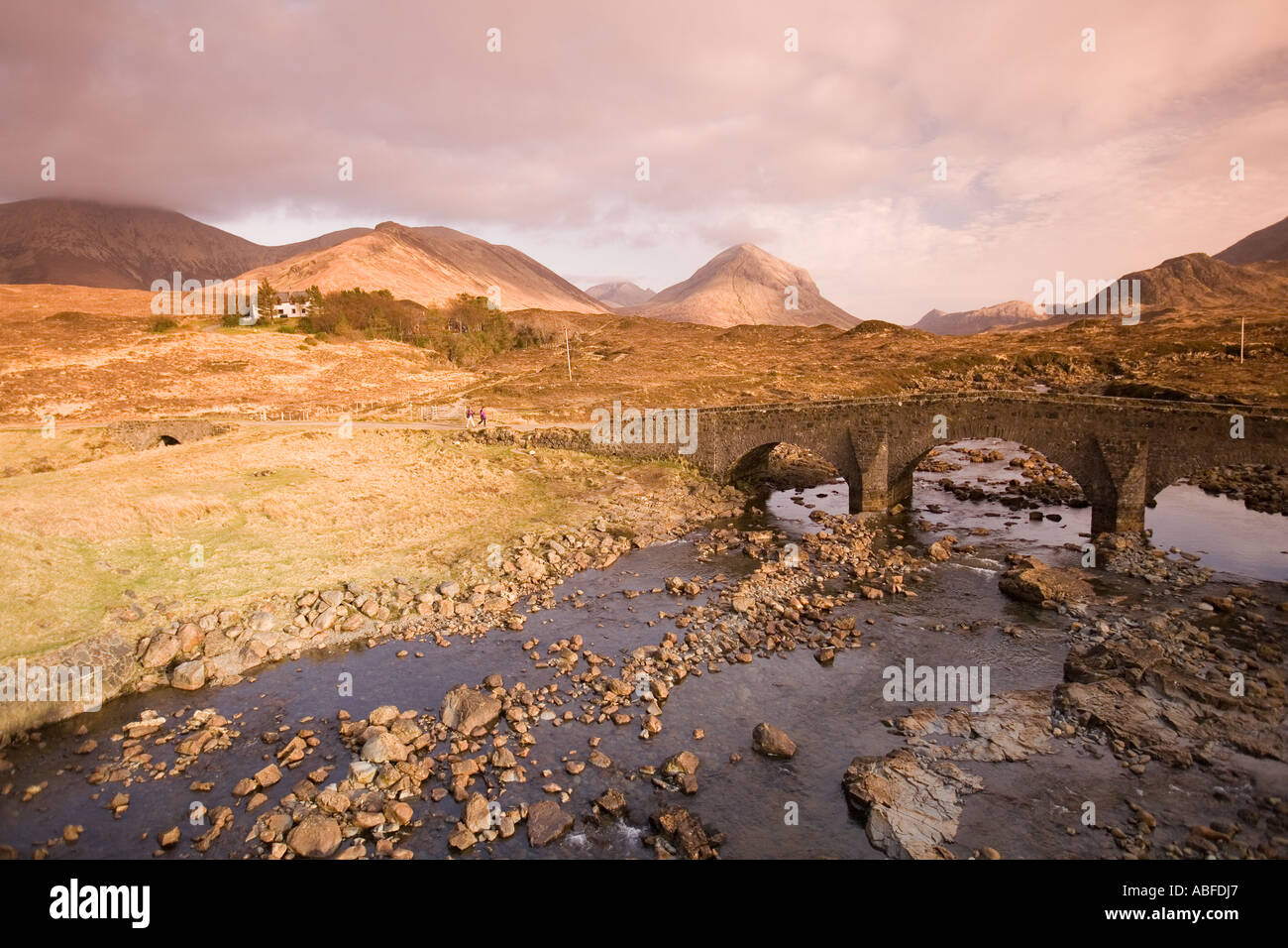 UK Scotland Isle of Skye old stone bridge over River Sligachan at foot ...