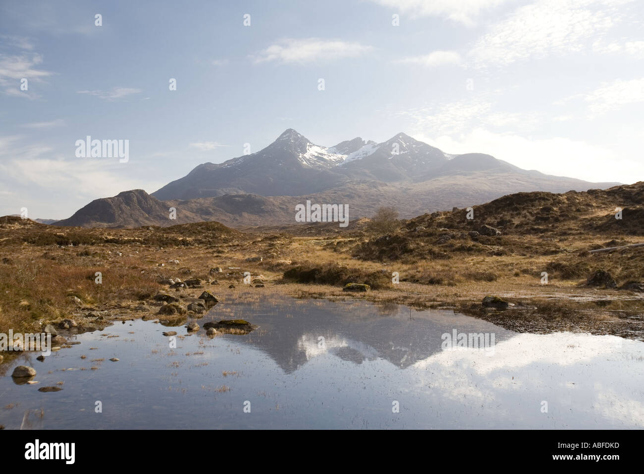 UK Scotland Isle of Skye Cuillin hills snow capped peak of Beinn Bhreac ...