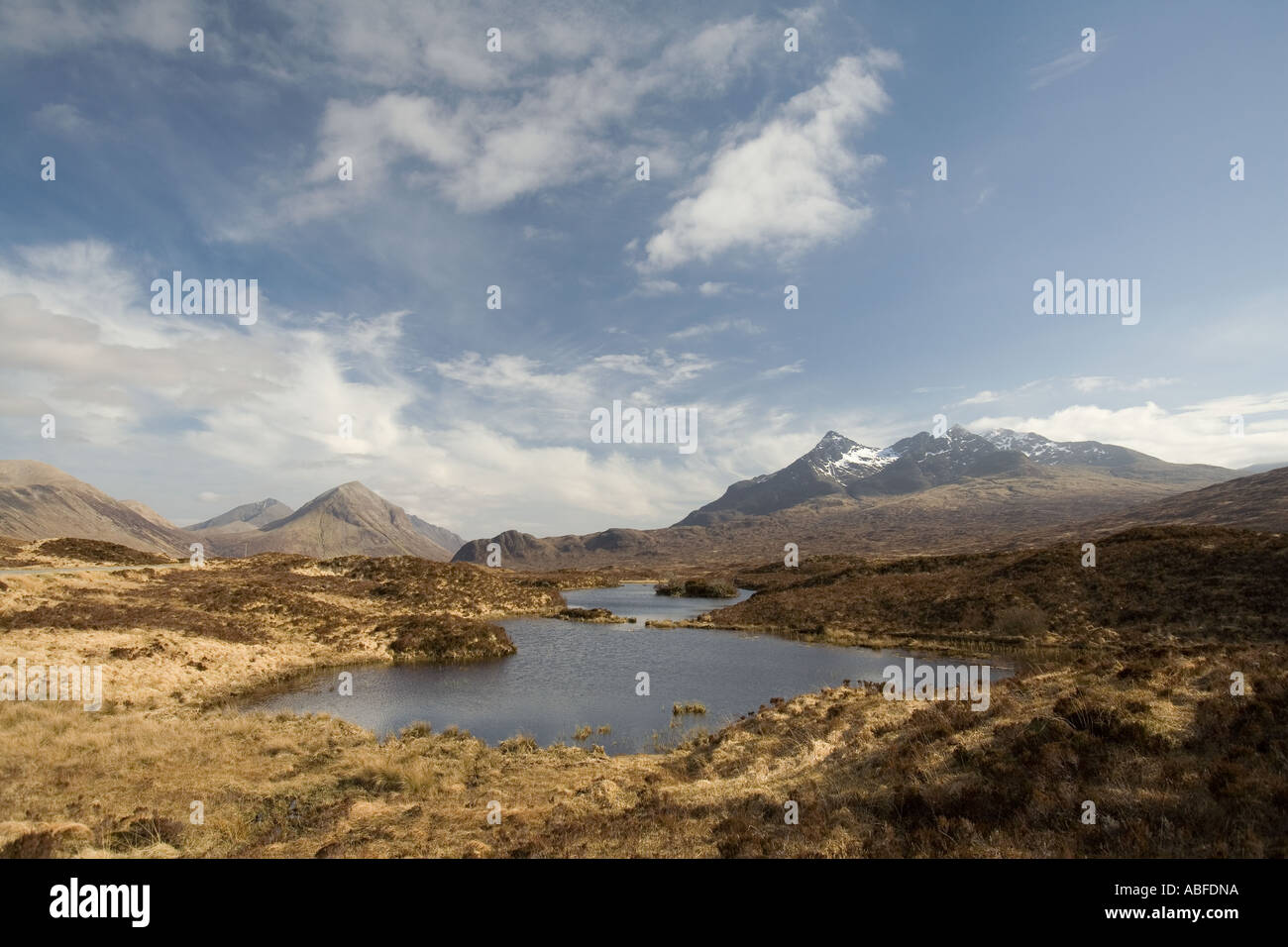 UK Scotland Isle of Skye Cuillin hills snow capped peak of Beinn Bhreac ...