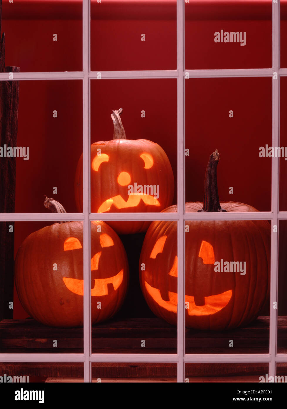 Three Jack O Lanterns peer out from behind a window frame while ...
