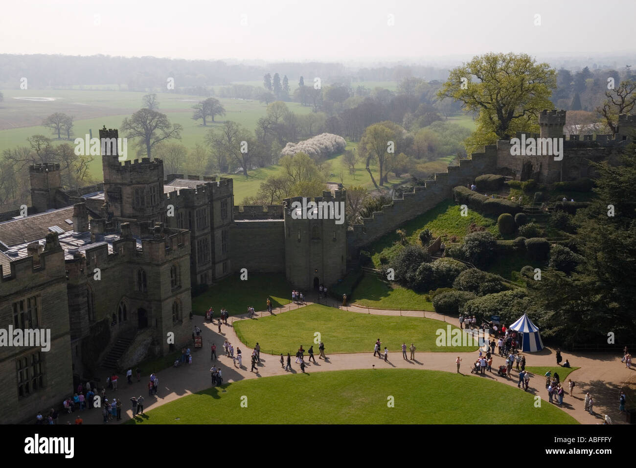 Warwick Castle (view of the castle and The Mound with River Avon behind ...