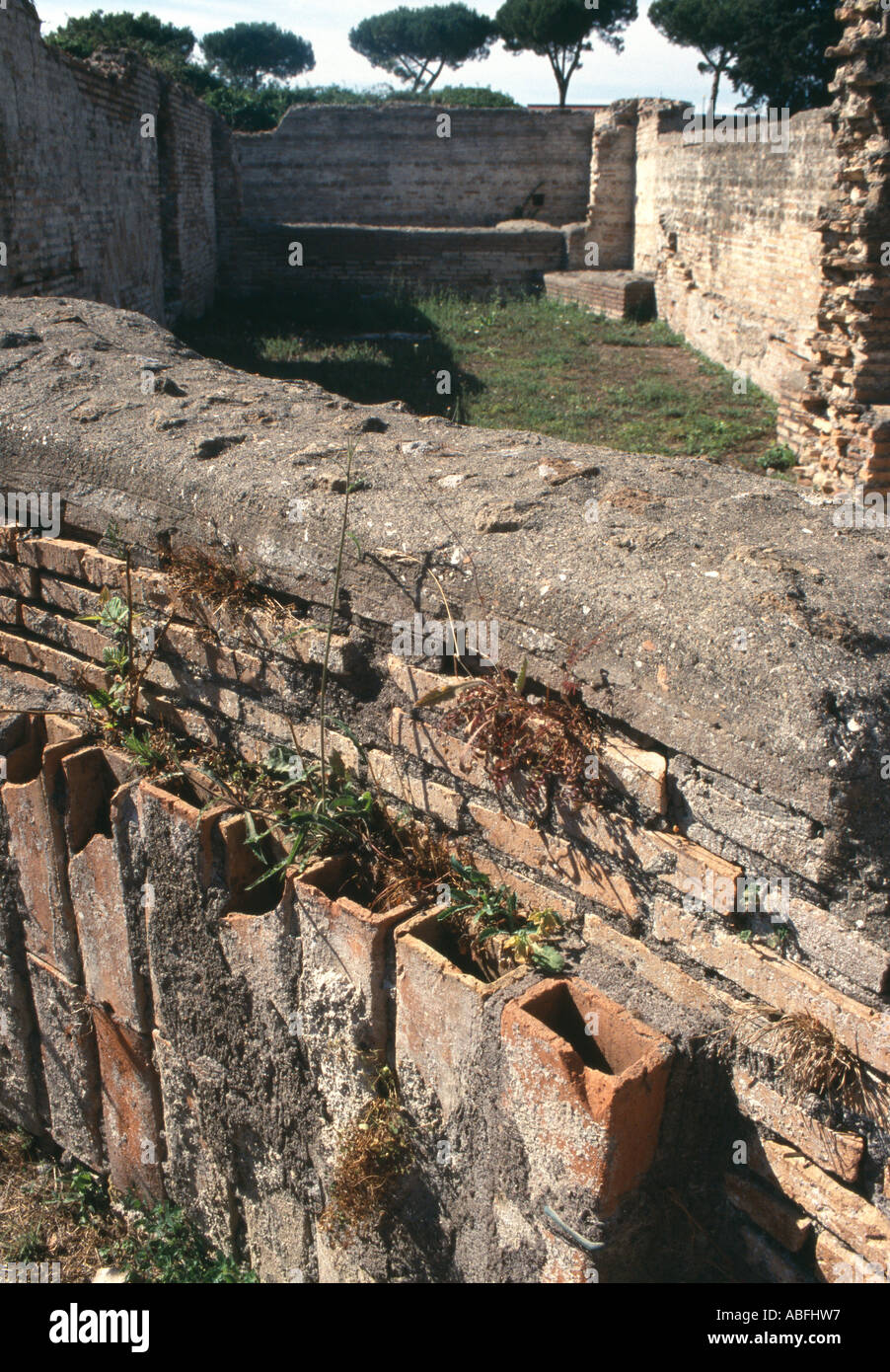 Baths, Ostia. Detail of box shaped wall tiles that drew hot flue gases ...