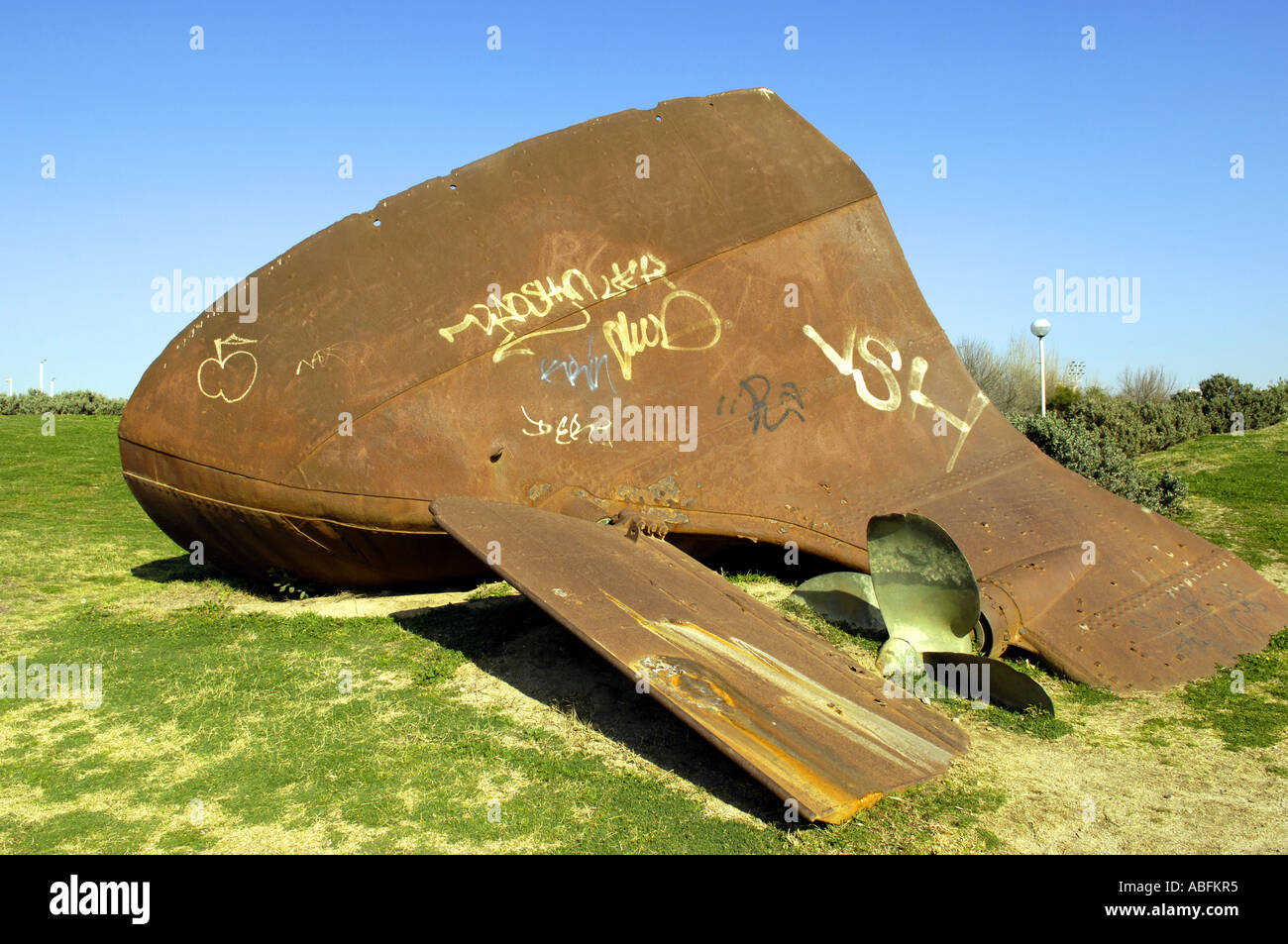 rust rusty hull ship propeller old ship boat sculpture art blue sky sun ...