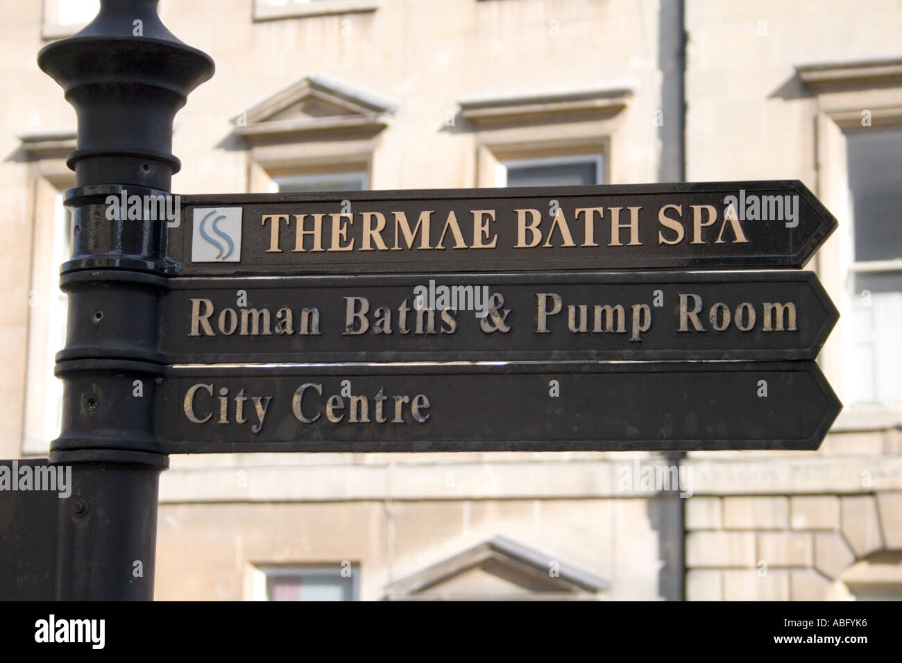 Street sign pointing the way to the historical Roman Baths in the ...