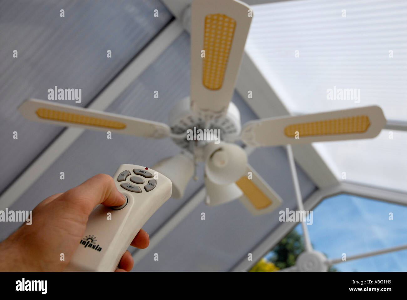 Remote Control pointing at Ceiling Fan Stock Photo - Alamy